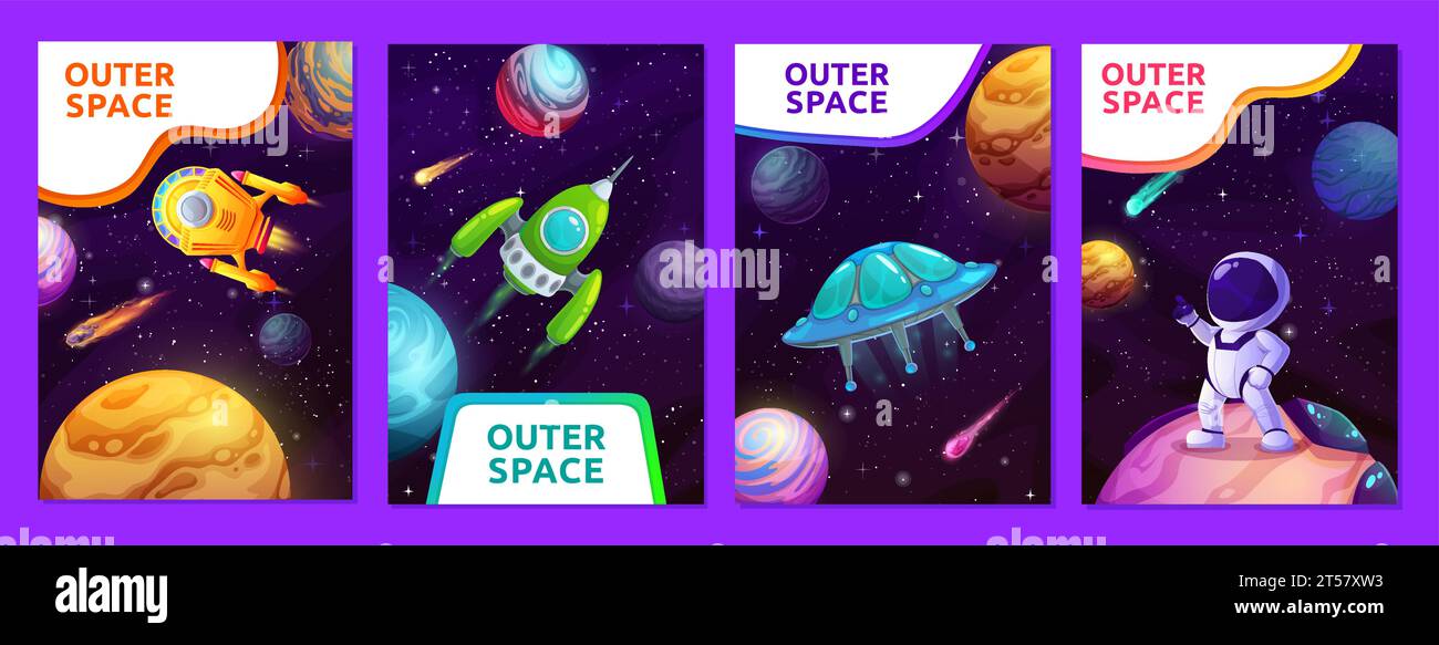 Cartoon space posters and banners with galaxy planets, alien UFO ...