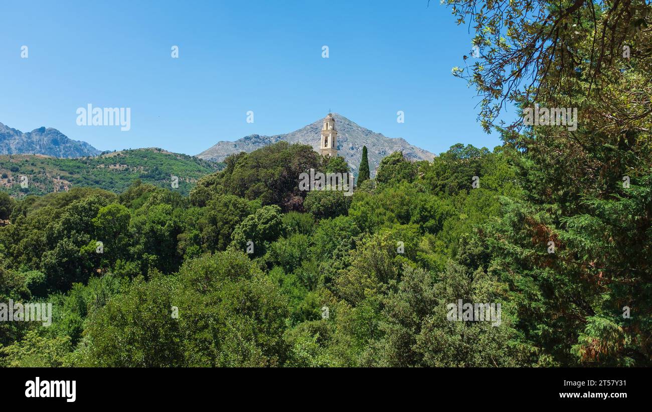 Olmi-Cappella, Corsica, 2017. The bell tower of the baroque church of ...
