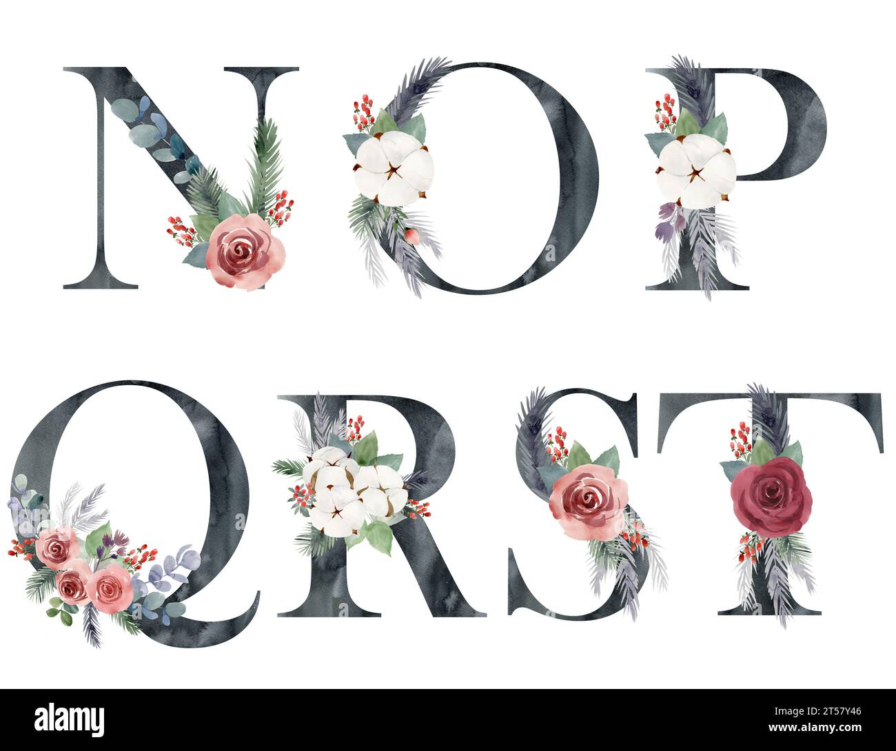 Watercolor christmas floral alphabet for invitations, greeting card ...