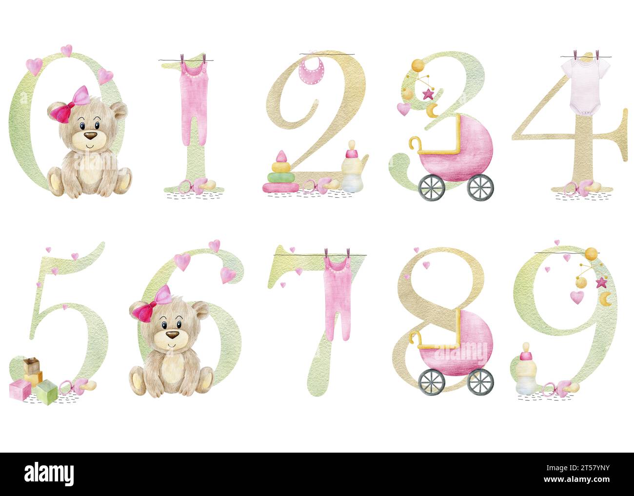 Watercolor baby numbers for invitation card, nursery poster and other ...