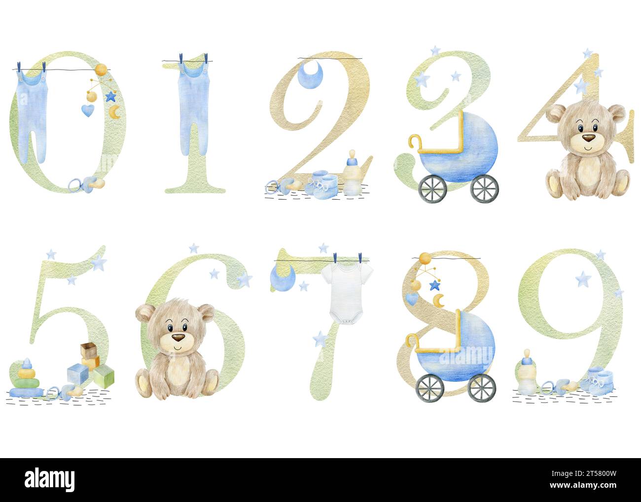 Watercolor baby numbers for invitation card, nursery poster and other ...