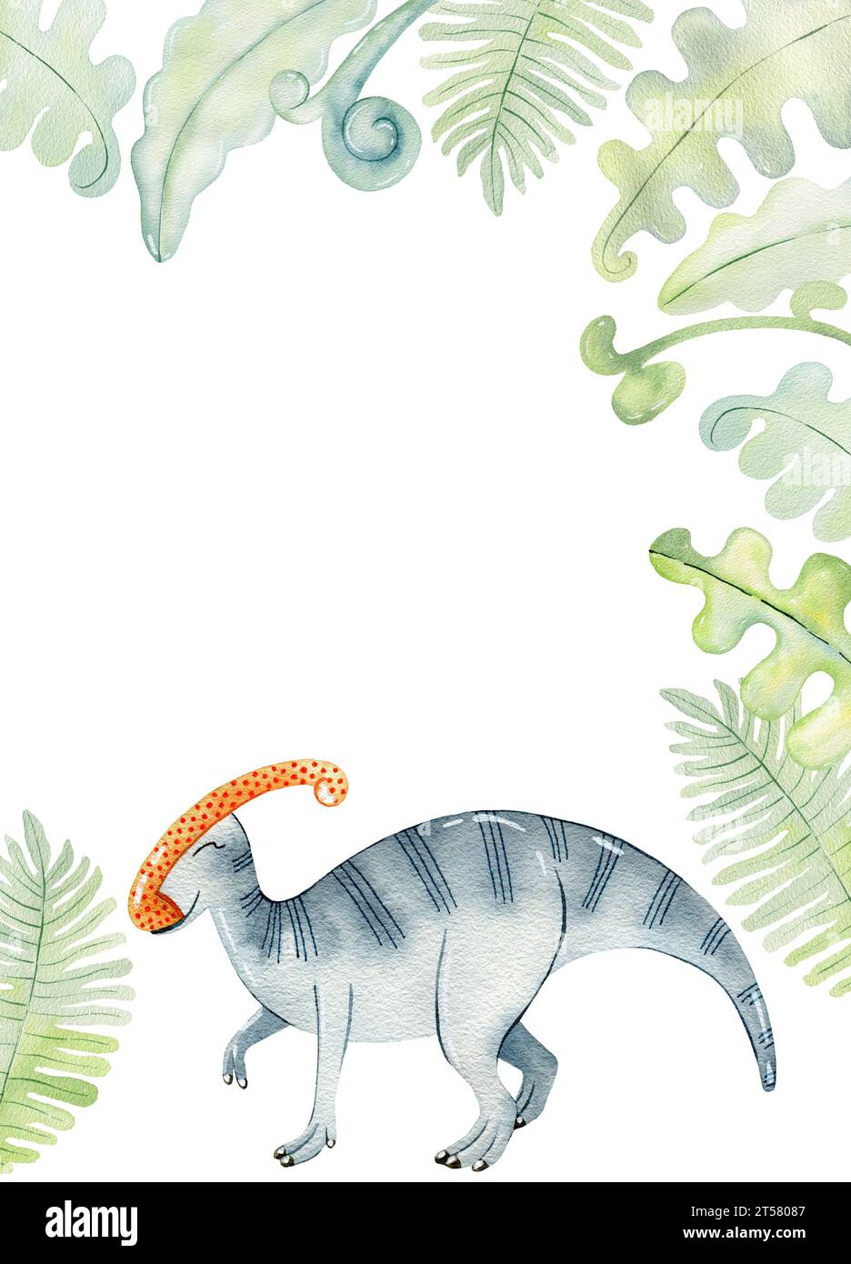 Watercolor card with cute parasaurolophus. Hand drawn illustration ...