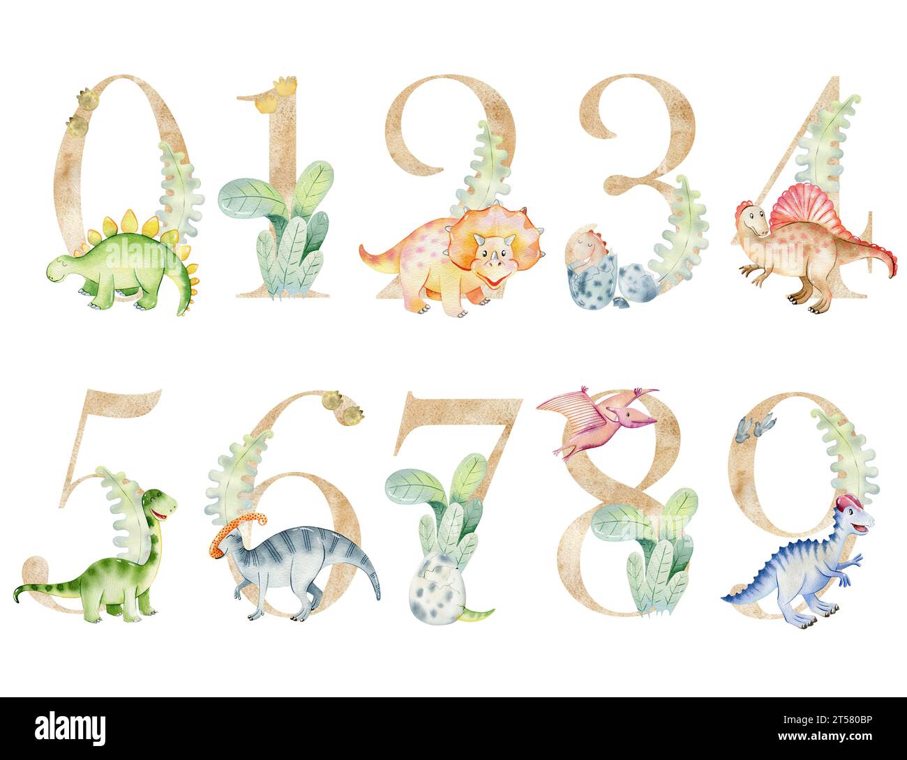 Watercolor dinosaurs numbers for invitation card, nursery poster and ...