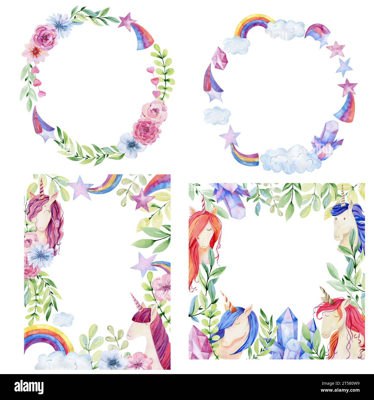 Watercolor cute unicorn frames. Magical fantasy character Stock Photo ...