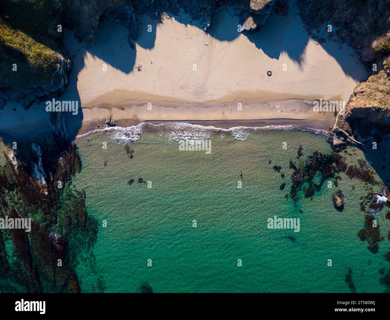 Aerial view of the rocky, wild coast of the Black Sea in Bulgaria, with ...