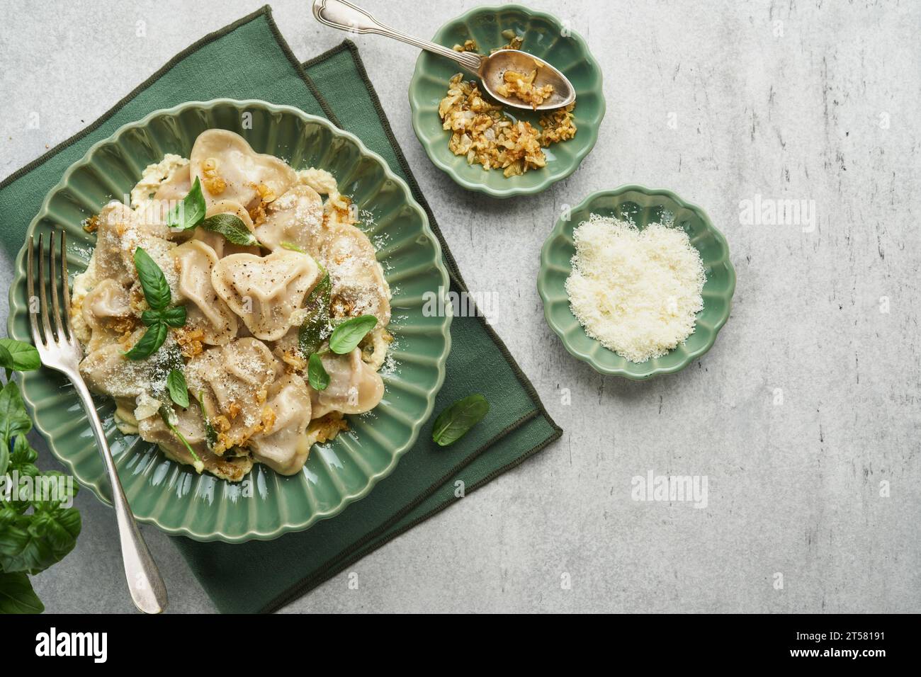 Homemade italian ravioli pasta in heart shape with beef meat, cheese ...
