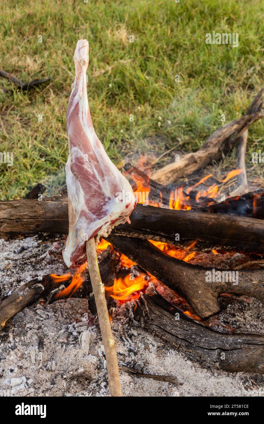 Goat leg being roasted, Kenya Stock Photo - Alamy