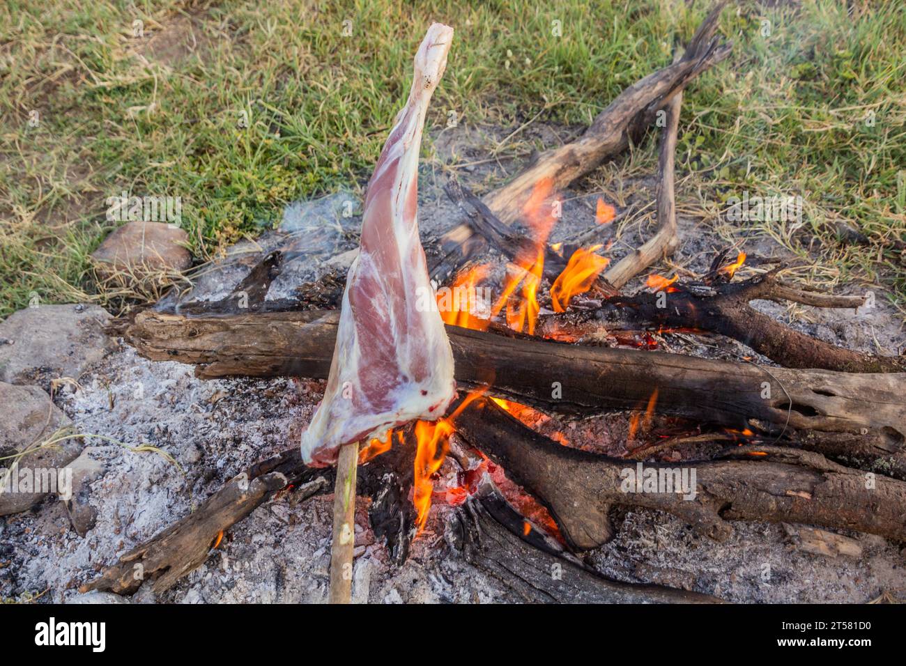Goat leg being roasted, Kenya Stock Photo - Alamy