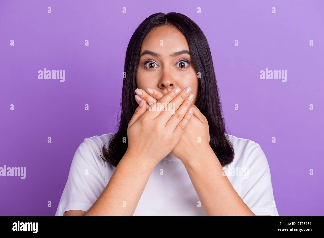 Photo of funny excited crazy girl panic wearing white t shirt closed ...