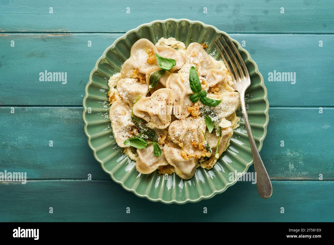Homemade italian ravioli pasta in heart shape with beef meat, cheese ...