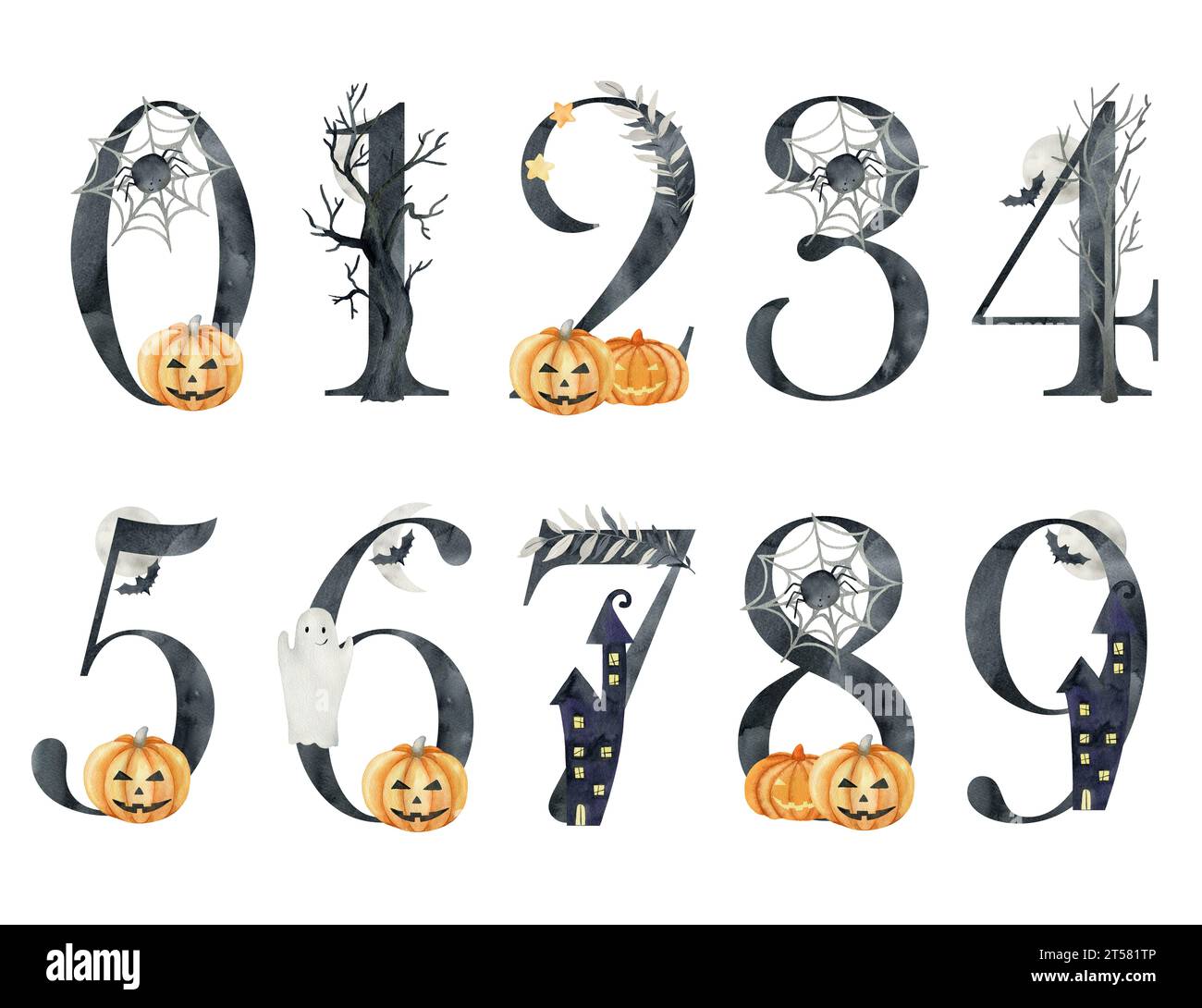Watercolor halloween numbers for invitations, greeting card, birthday ...