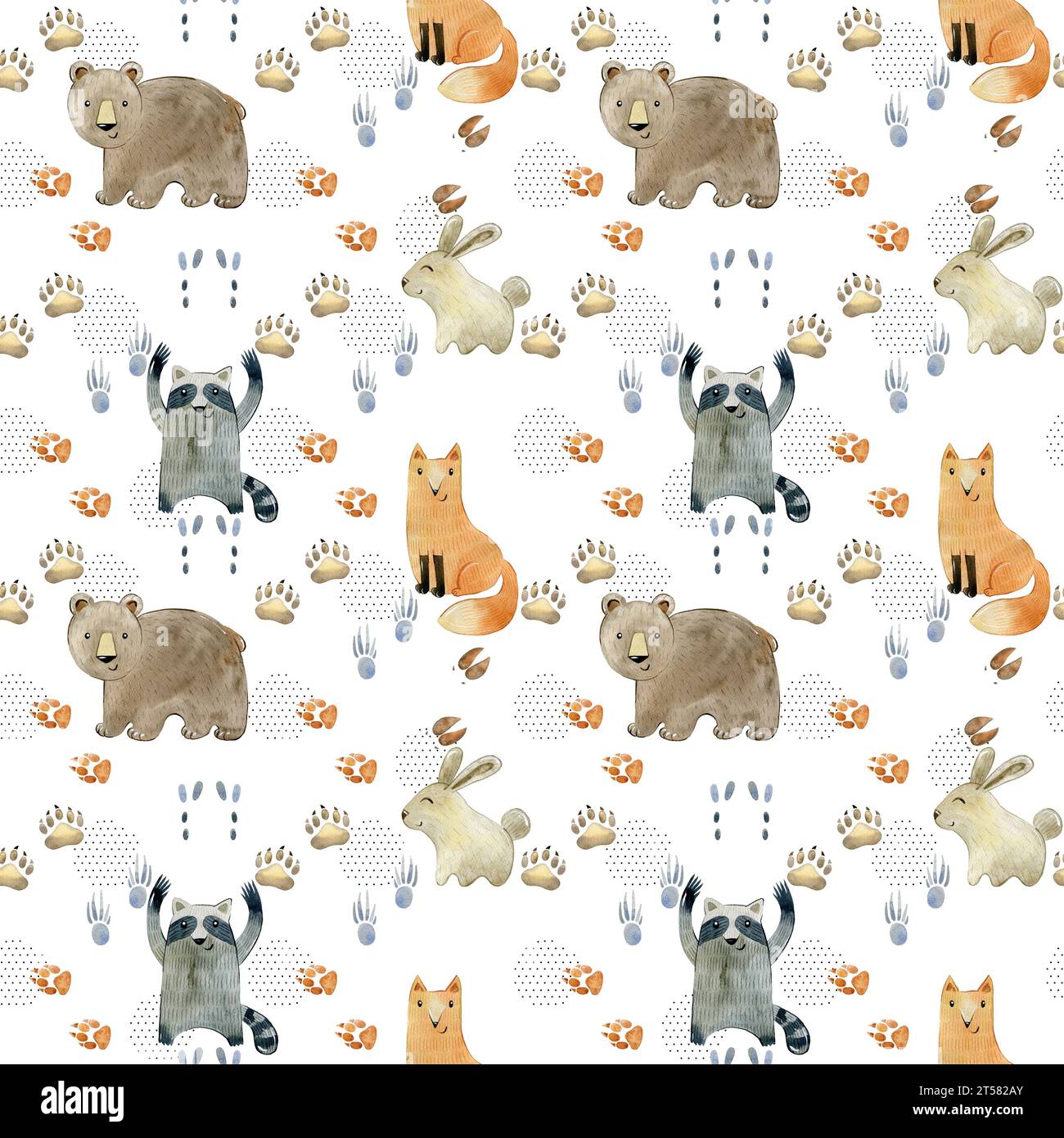 Watercolor forest wildlife seamless pattern with animals and paw prints ...