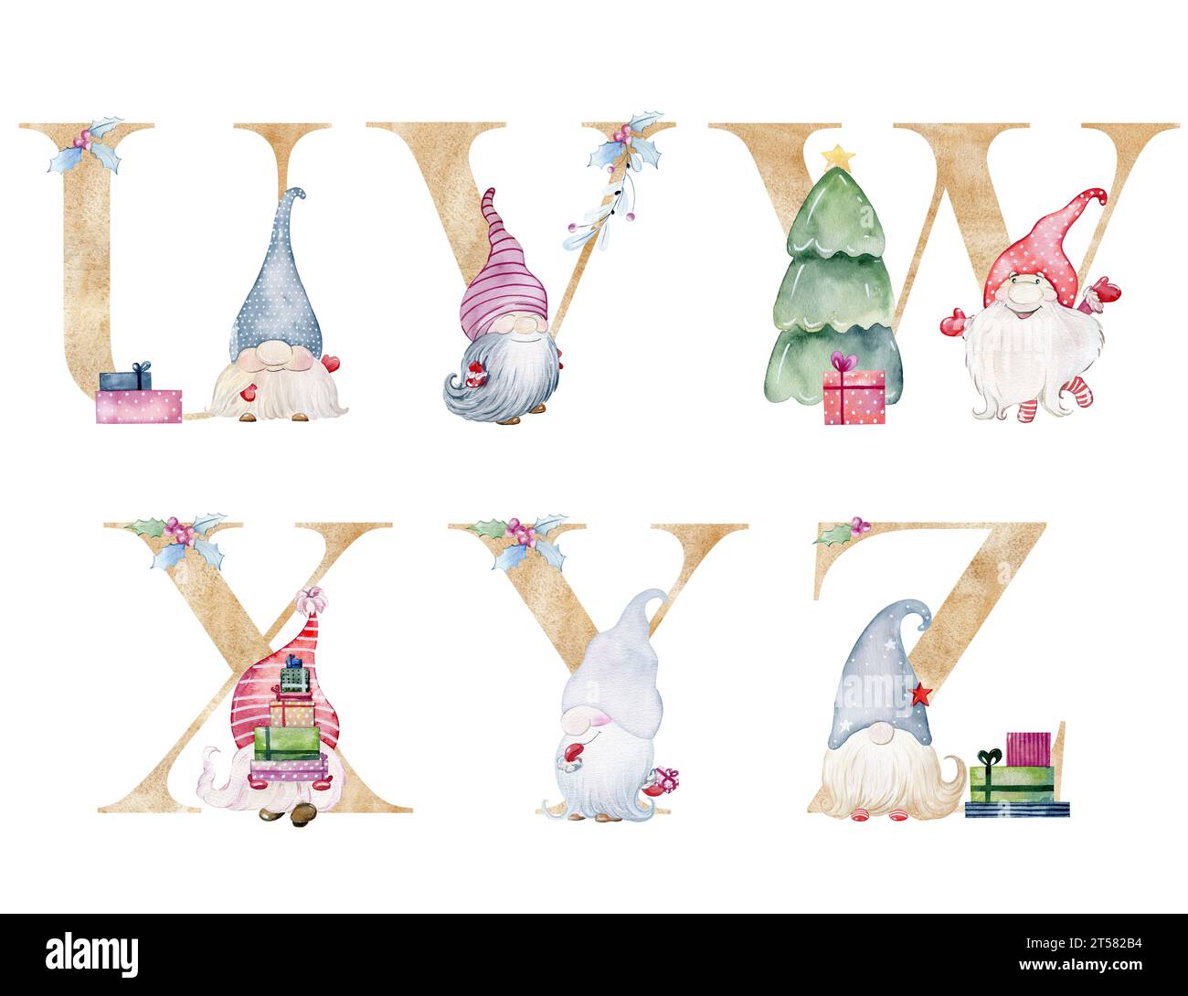 Watercolor christmas gnomes letters for invitation card, nursery poster ...