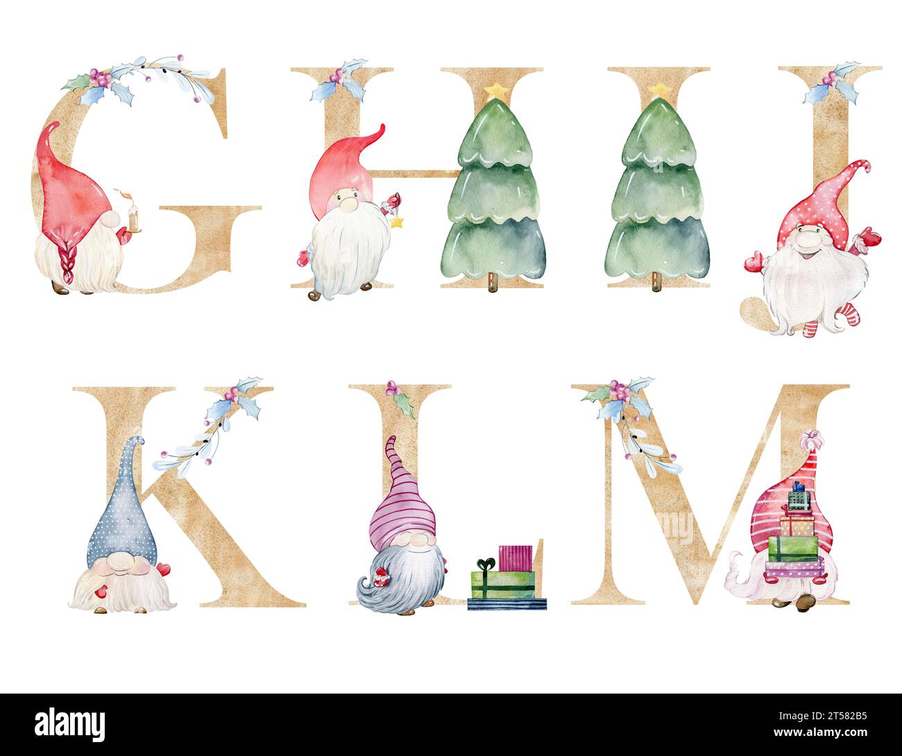 Watercolor christmas gnomes letters for invitation card, nursery poster ...