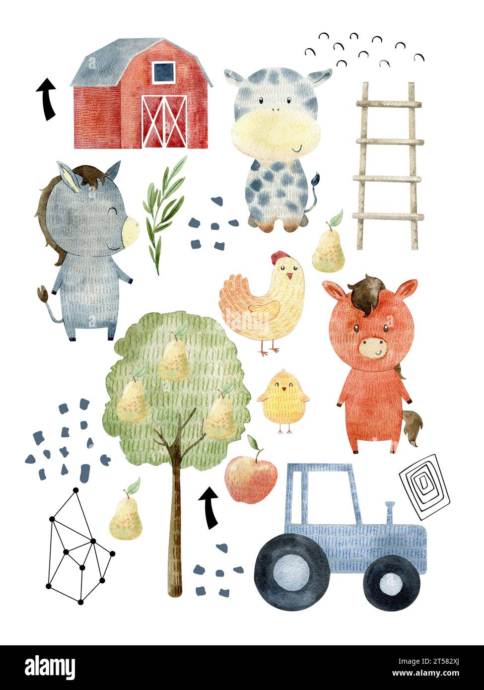 Watercolor poster with farm animals. Composition for greeting card and ...