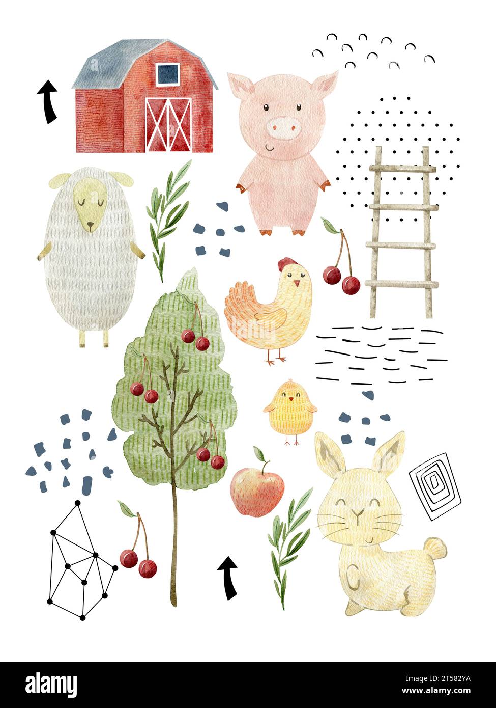 Watercolor poster with farm animals. Composition for greeting card and ...