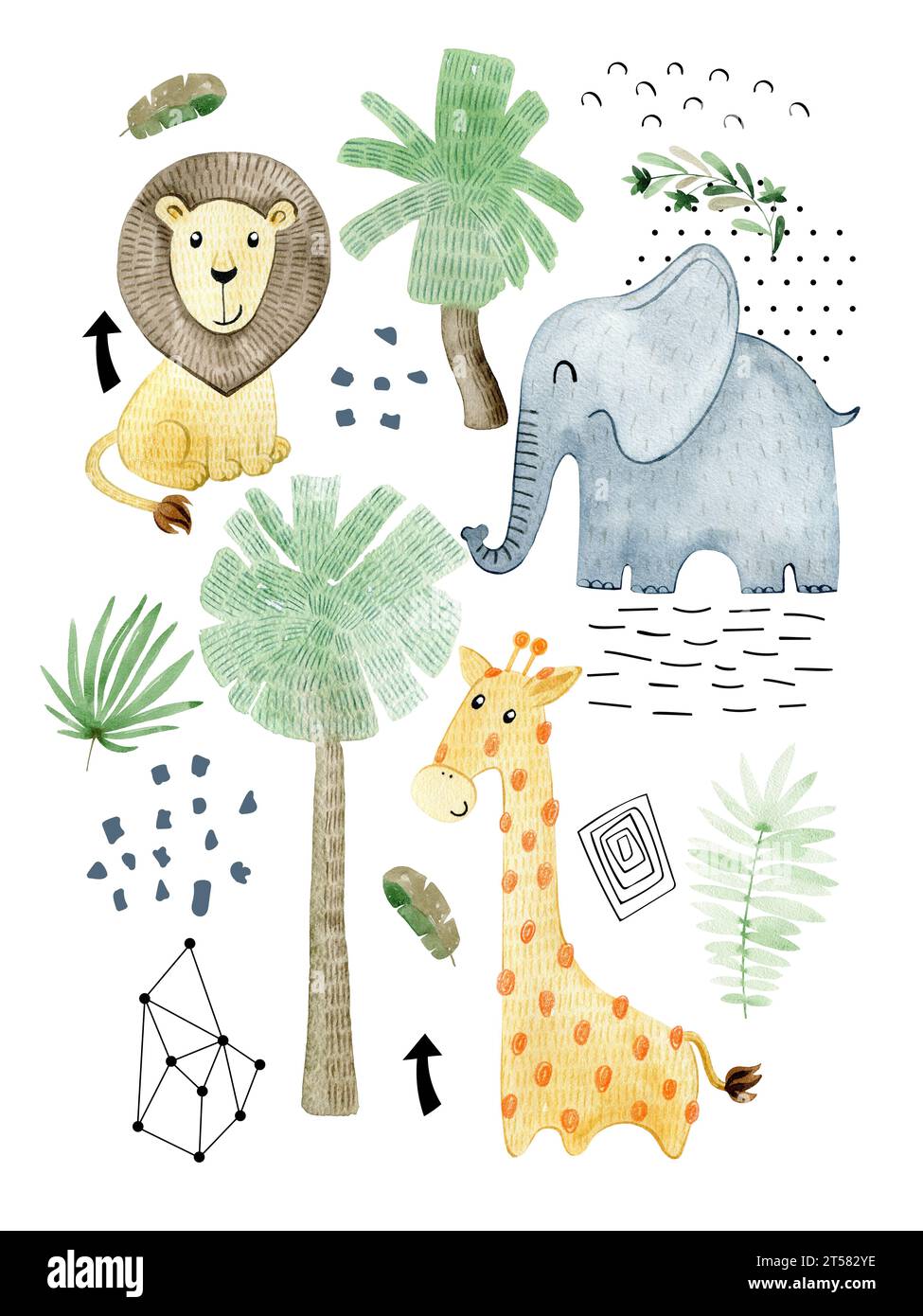 Watercolor poster with safari animals. Composition for greeting card ...