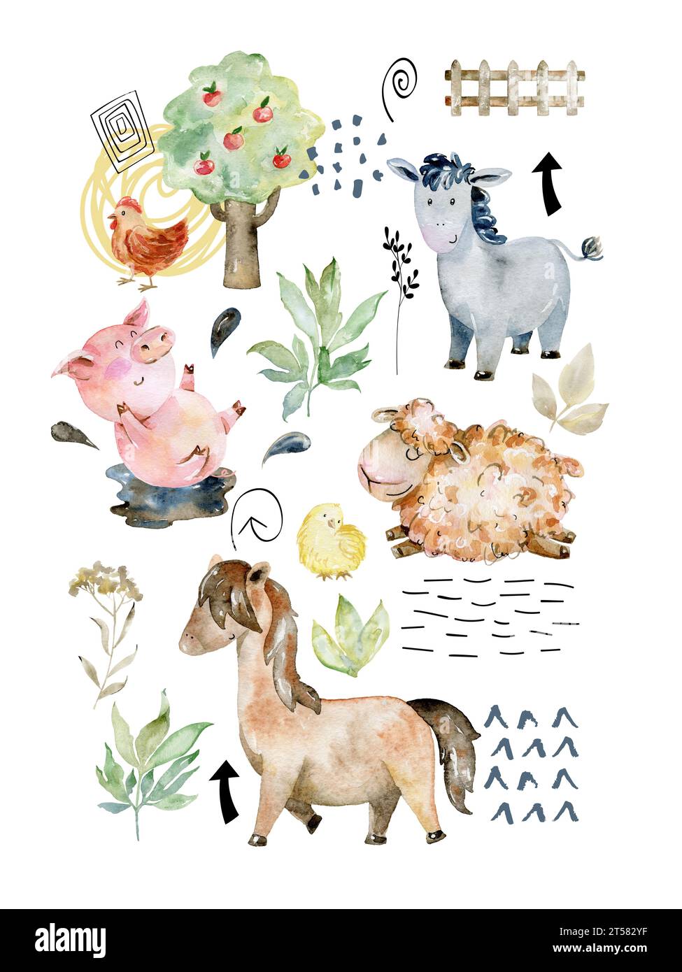 Watercolor poster with farm animals. Composition for greeting card and ...