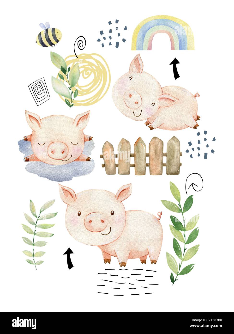 Watercolor poster with pigs. Composition for greeting card and etc ...