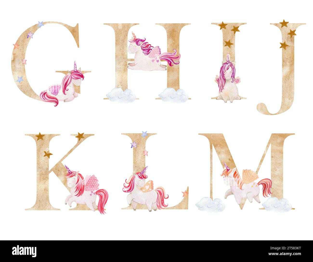 Watercolor letters with unicorns for invitation card, nursery poster ...