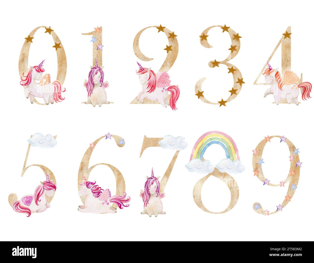 Watercolor letters with numbers for invitation card, nursery poster and ...