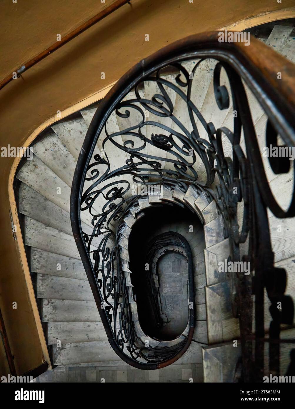 Spiral square staircase looked from down to up. Vintage staircase in ...
