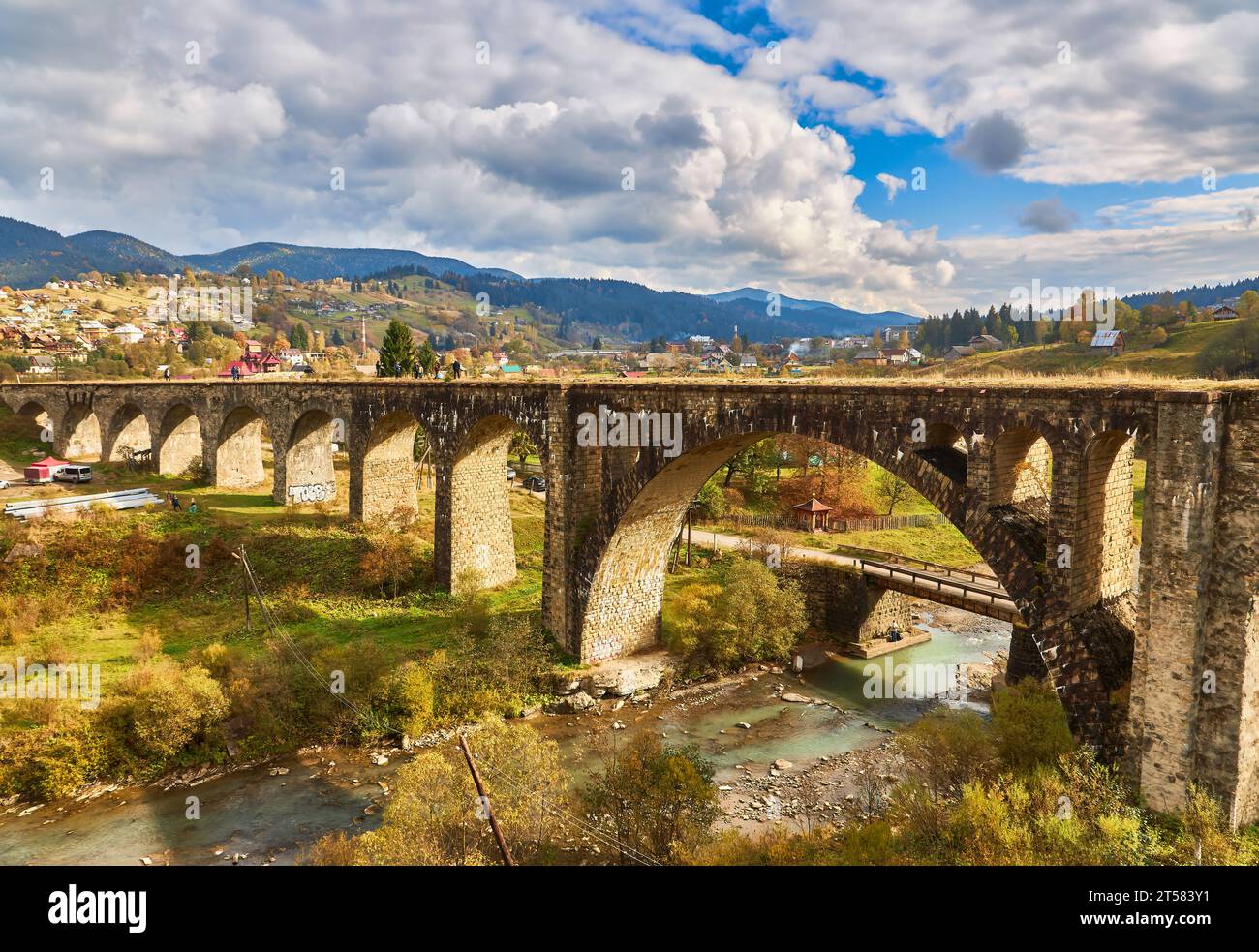 The old Austrian operating railway viaduct in the resort village of ...