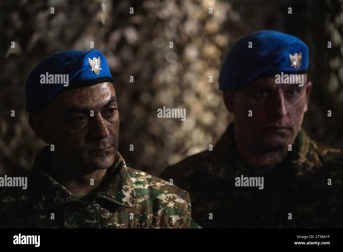 Balahovit, Armenia. 03rd Nov, 2023. Two Armenian soldiers stand under a ...