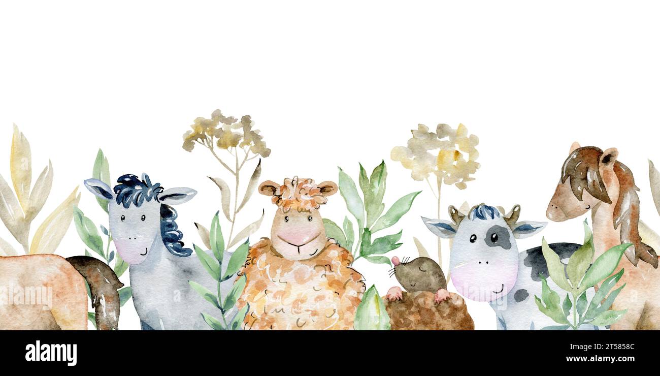 Watercolor farm border Stock Photo - Alamy