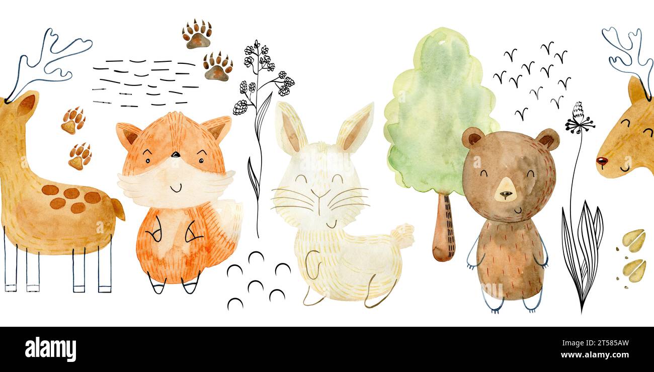 Watercolor forest border Stock Photo - Alamy