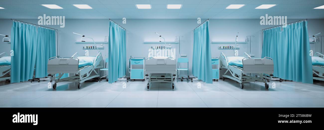 A row of medical beds in the hospital hallway. The line of empty beds ...