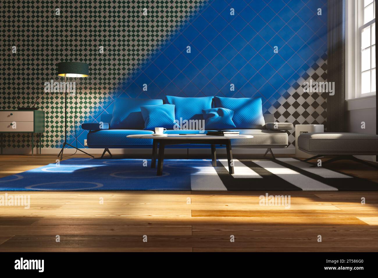 A 3D rendering showcasing the transformation of a modern living room ...