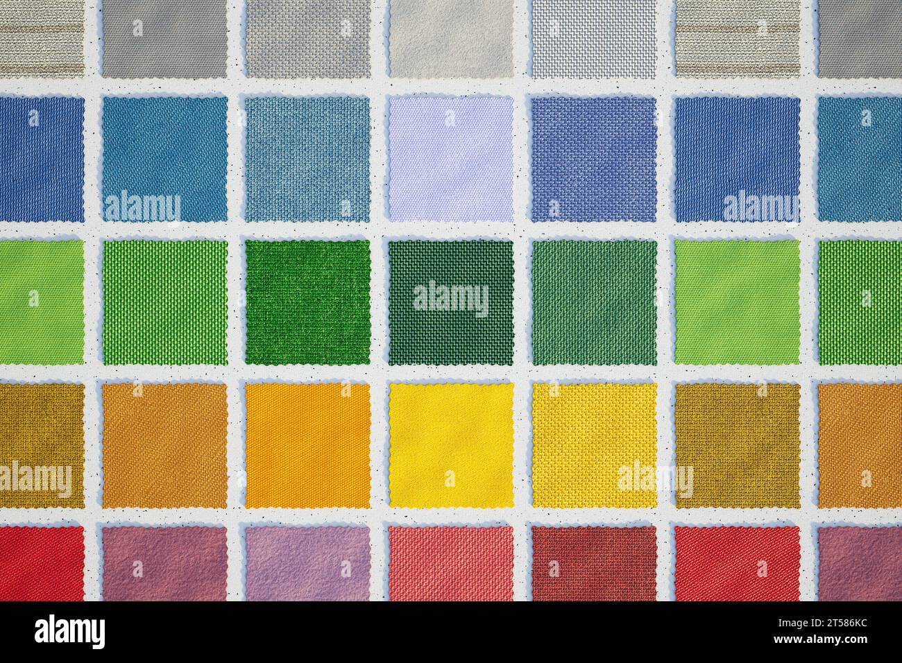A set of colorful fabric samples. Square pieces of material in various ...