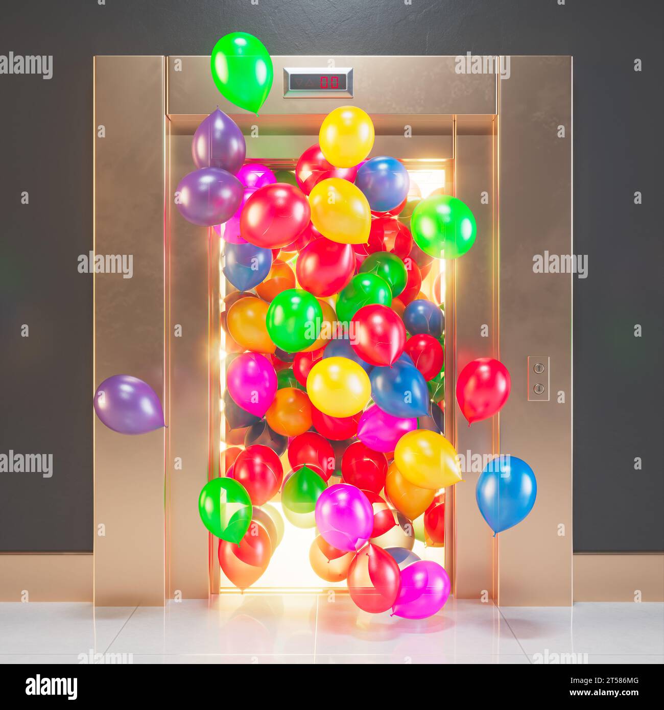 : A 3D rendering image depicting colorful balloons flying out from an opening elevator door. The ...