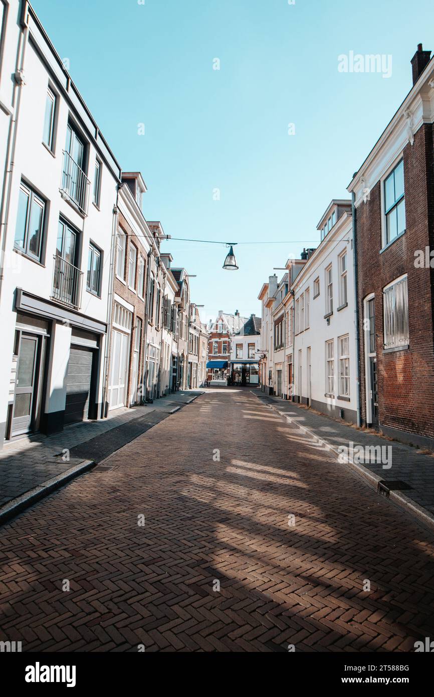 Typical historic town street in Zwolle in the east of the Netherlands ...