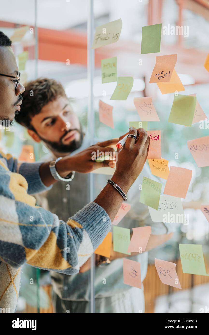Sticky notes with strategies and calculations are written on the glass ...