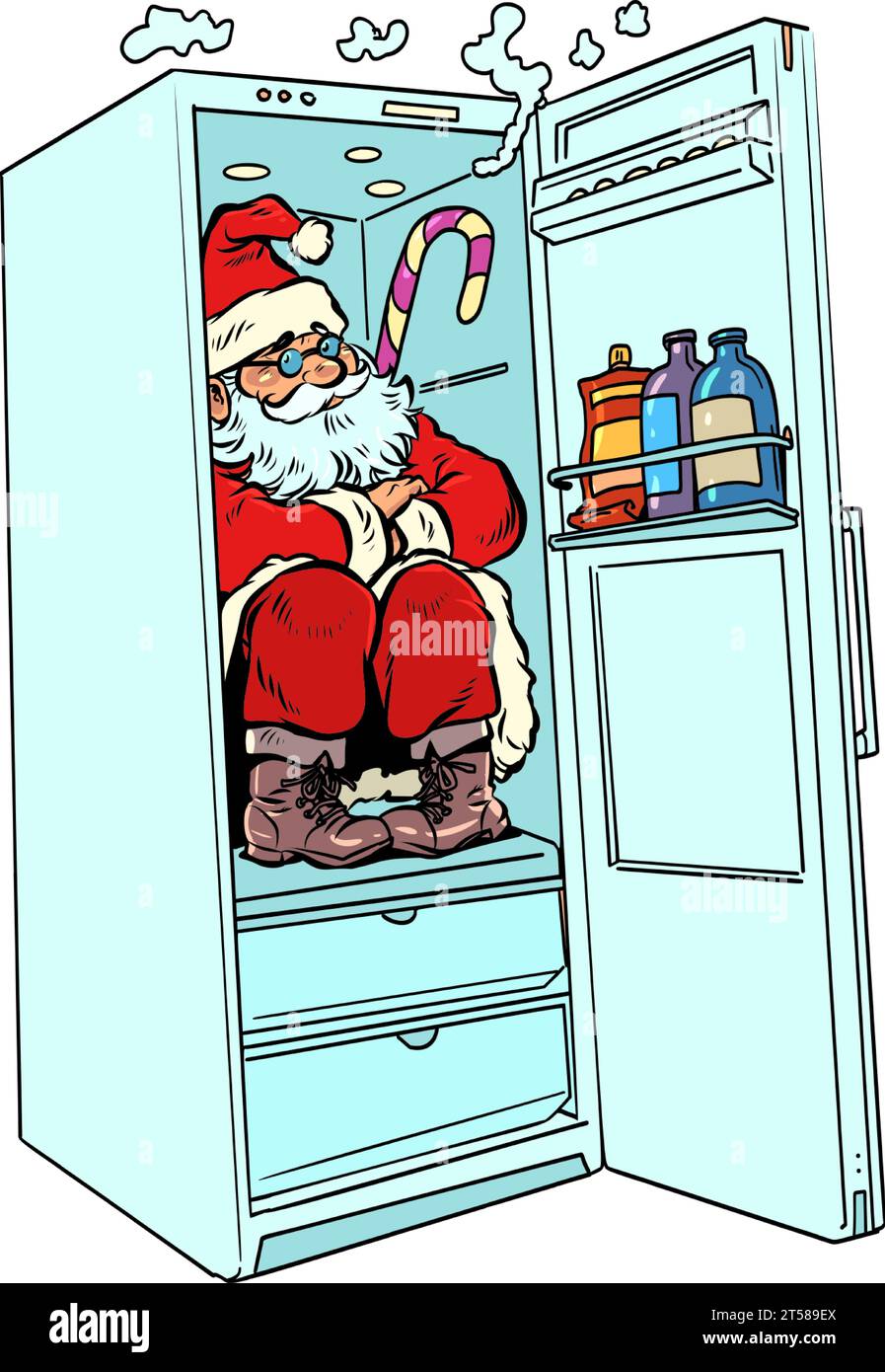 Christmas surprise. Santa Claus is hiding in the refrigerator. Seasonal ...