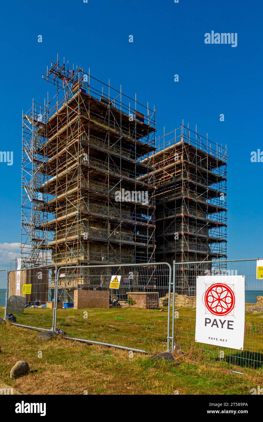 Scaffolding on 12th century Reculver Towers in Herne Bay on the north ...