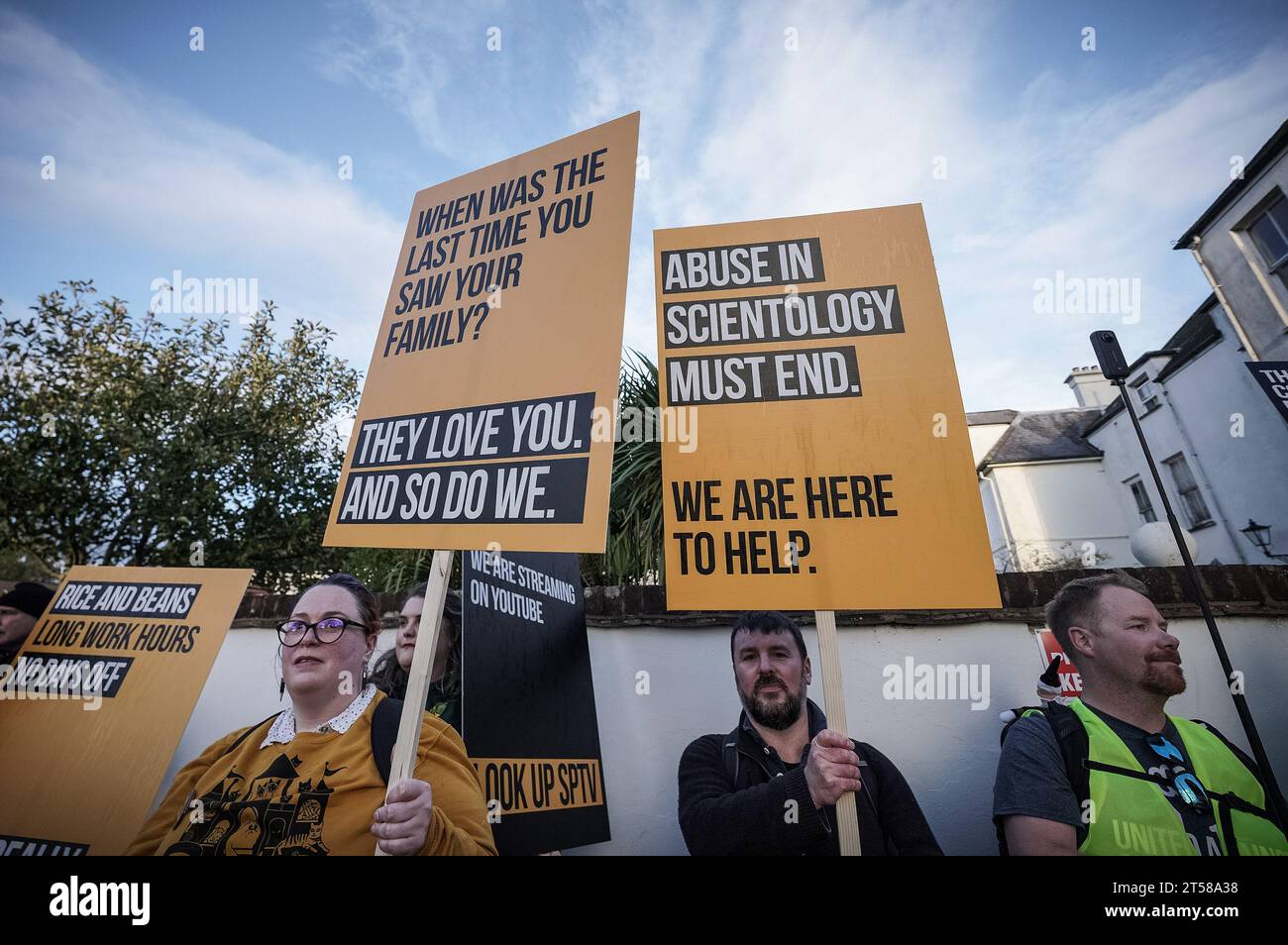 West Sussex, UK. 3rd November 2023. Anti-Scientology protesters stand ...