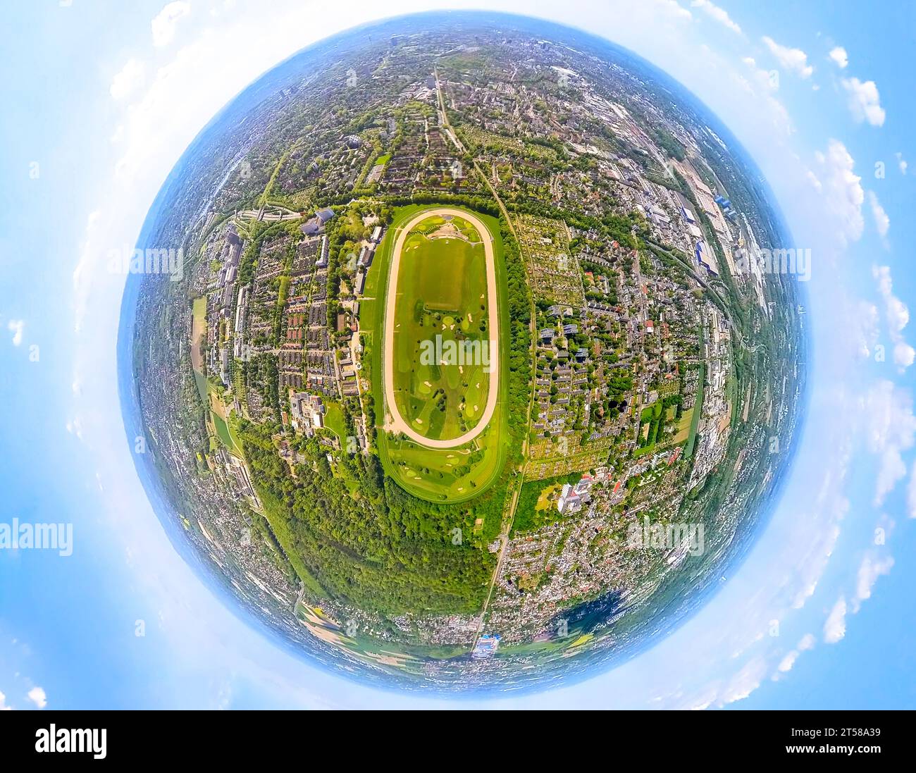 Aerial view, Dortmund racecourse with golf course, earth globe, fisheye ...
