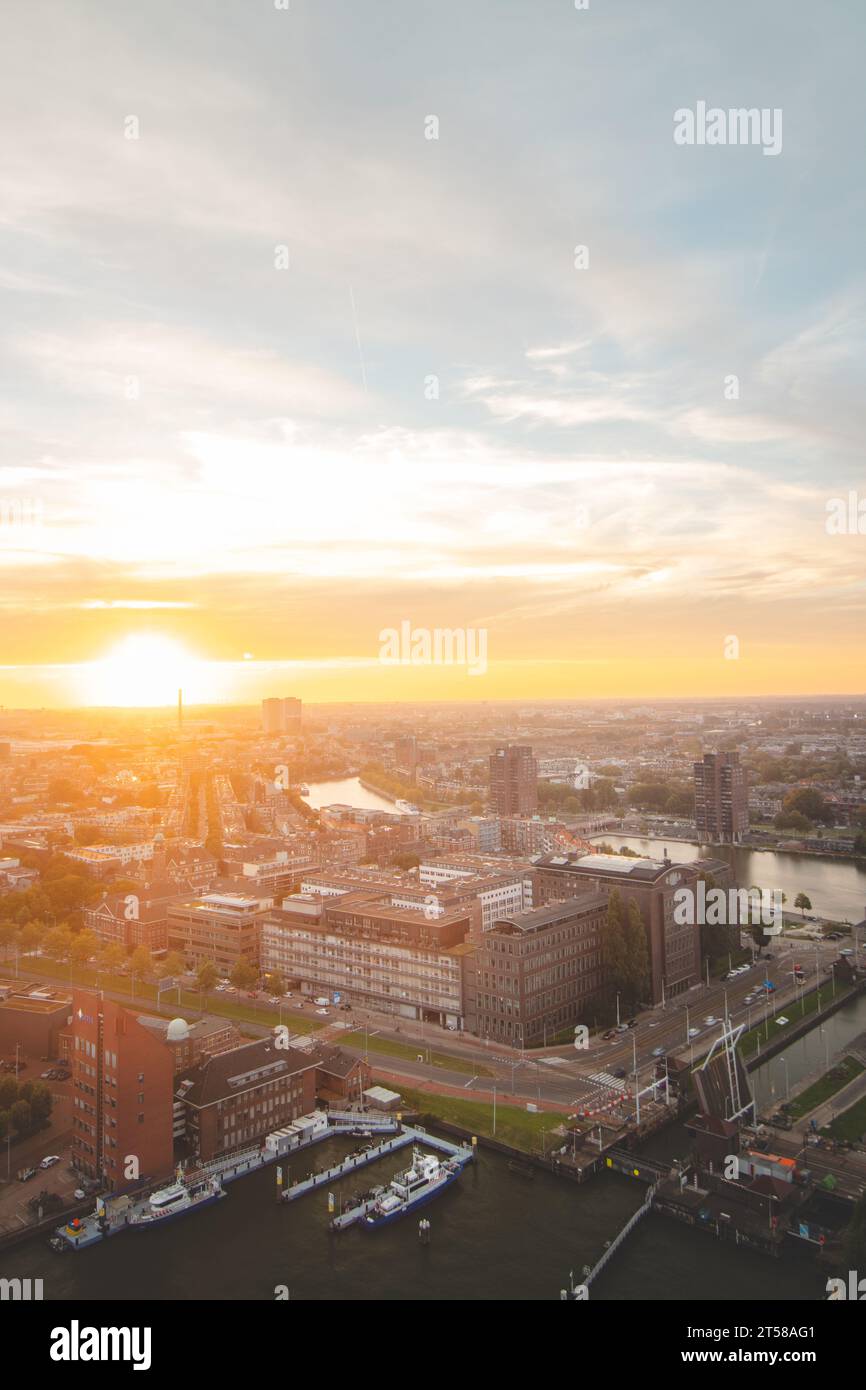 Sunset over Rotterdam city centre and its surrounding park. Sunset in ...