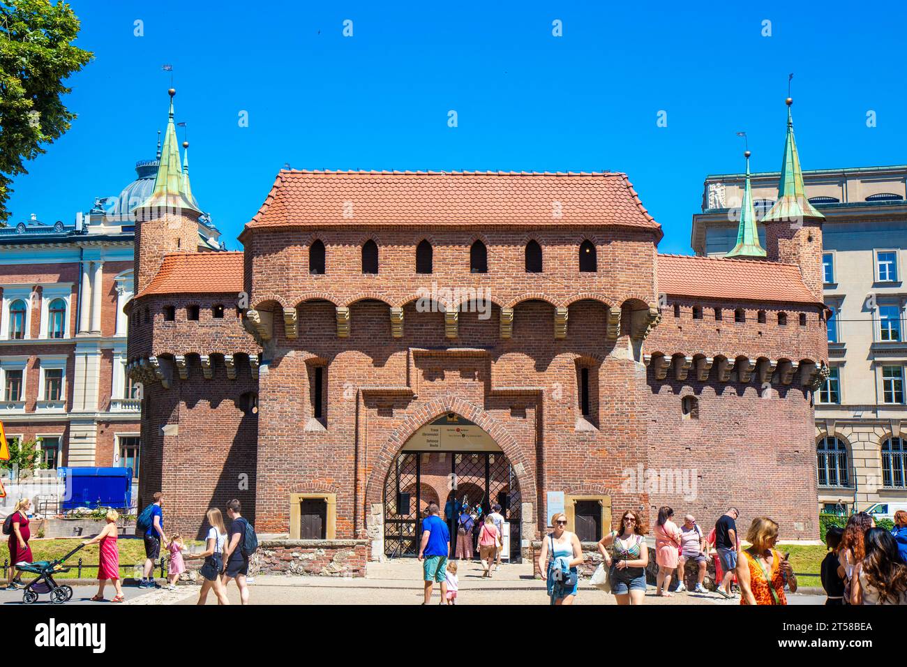 Red brick medieval barbican in Cracow, historic gate part of city ...