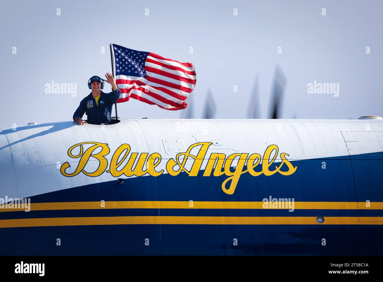 An aircrew member of Fat Albert, the US Navy Blue Angel's support ...
