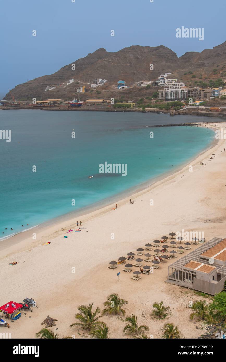 Aerial view of turquoise Laginha beach with white sand in Mindelo city ...