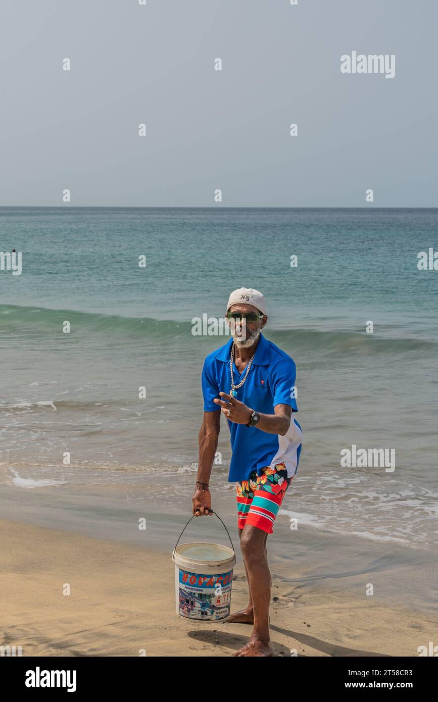 Sao Vicente , Cabo Verde - October 08.2023: Tourist guide at the turtle ...