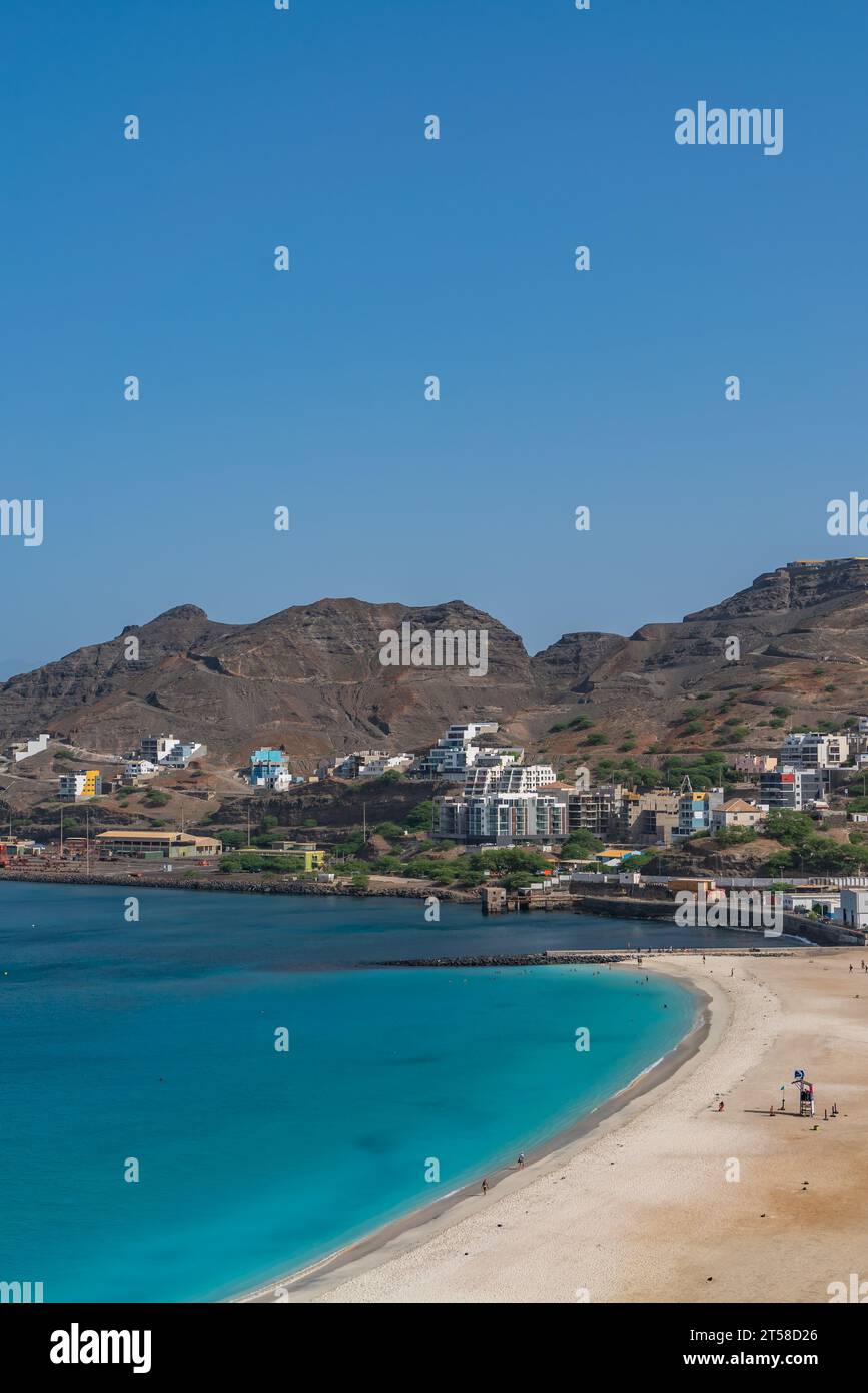 Aerial view of turquoise Laginha beach in Mindelo city in Sao Vicente ...