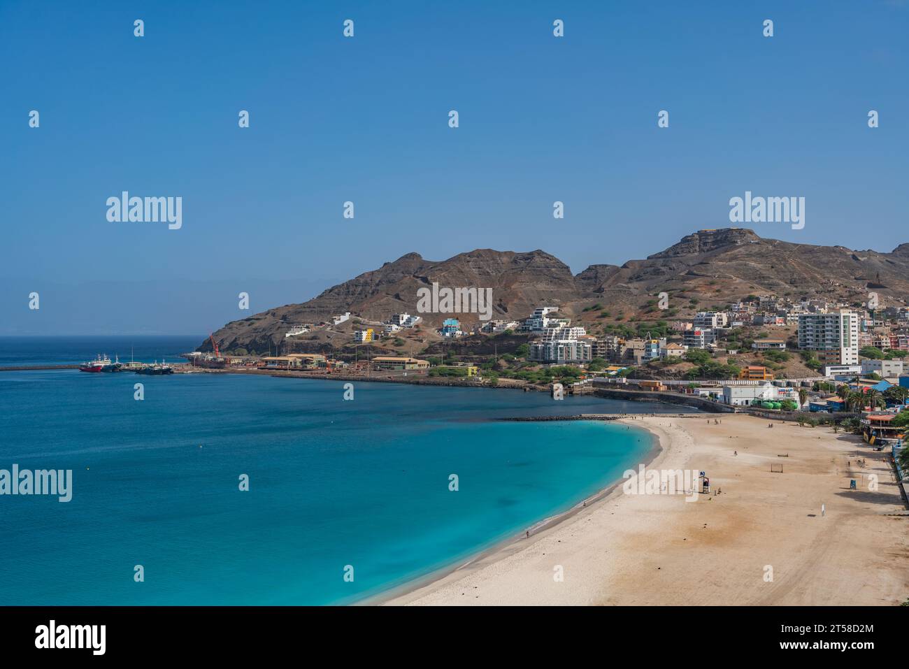 Aerial view of turquoise Laginha beach in Mindelo city in Sao Vicente ...