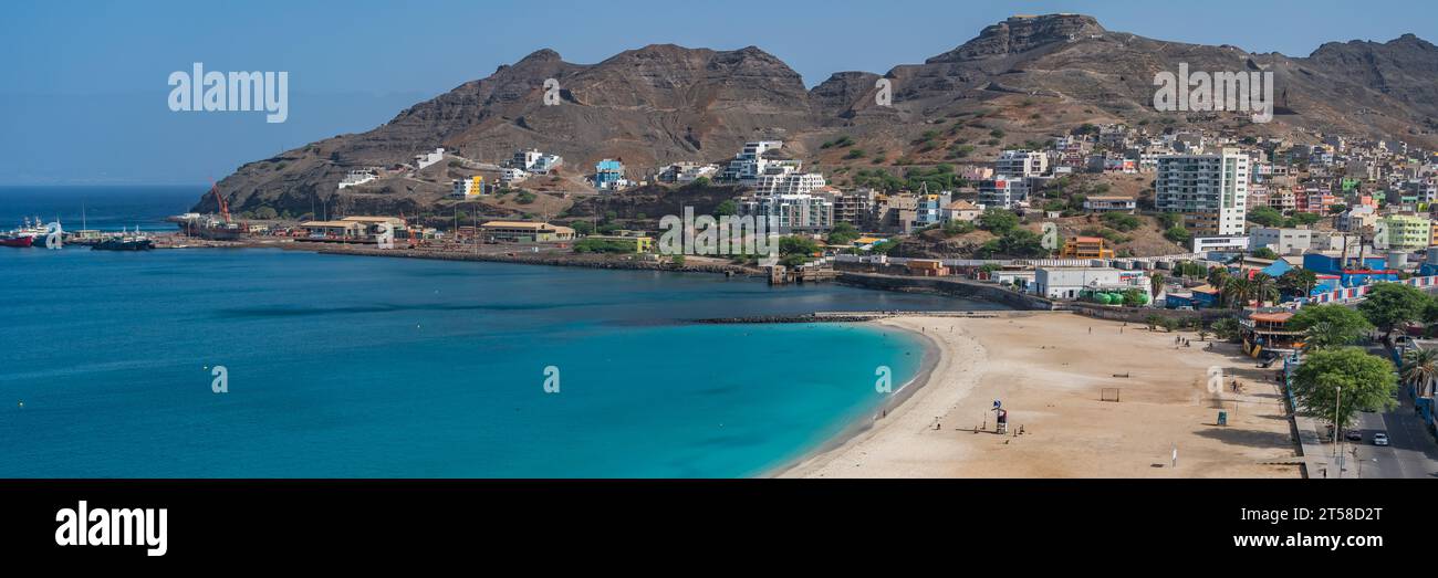Aerial view of turquoise Laginha beach in Mindelo city in Sao Vicente ...