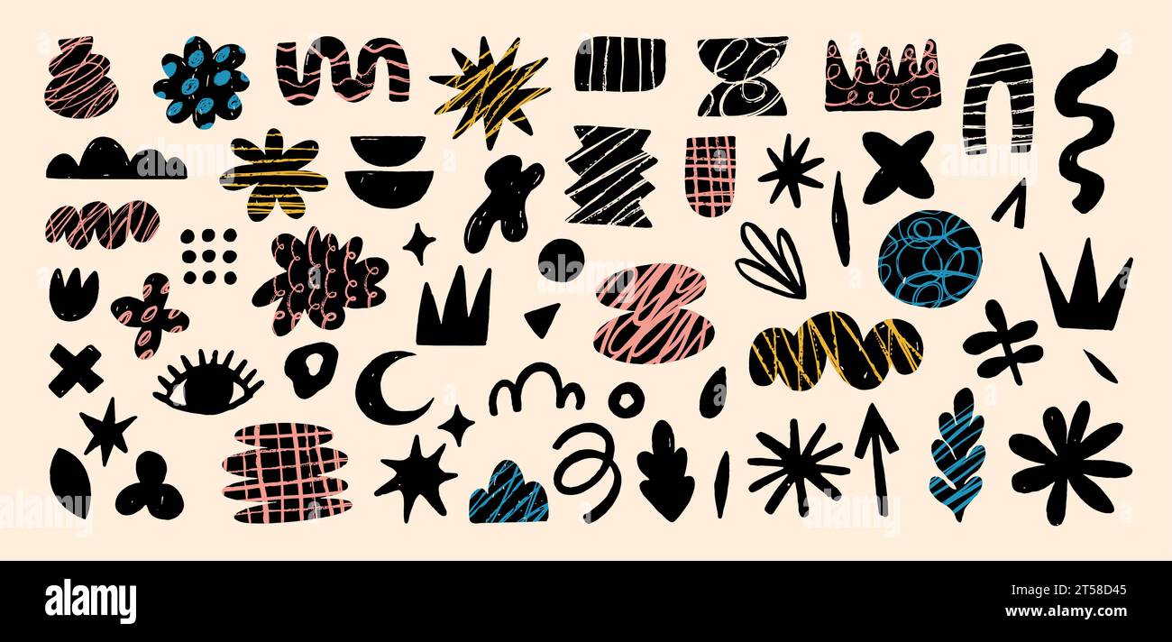 Hand drawn naive, bizarre abstract geometric shapes and forms. Modern ...