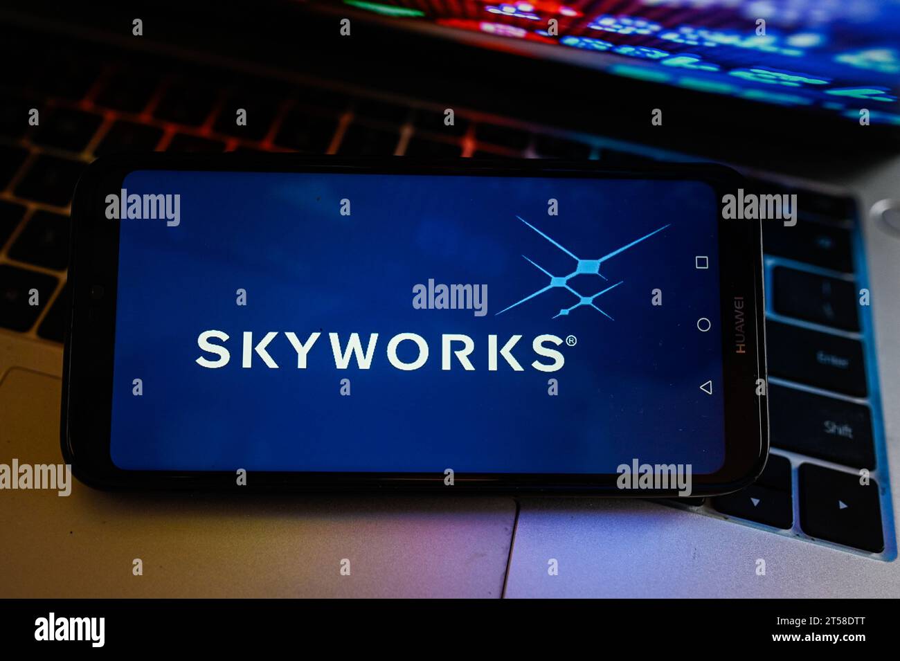 In this photo illustration a Skyworks logo is displayed on a smartphone ...